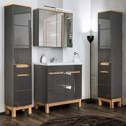 Lomadox Badmöbel-Set SOLNA-56, (Spar-Set, 6-St), grau mit Eiche 180/200/46 cm