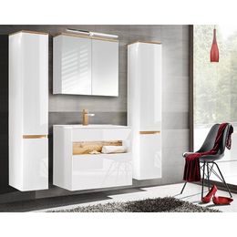 Lomadox Badmöbel-Set BERMUDA-56, (Spar-Set, 6-St), Weiß-Hochglanz mit Wotaneiche 190/200/45cm