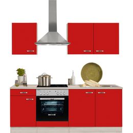 Küchenzeile Optifit "Faro" Komplettküchen-Sets Gr. B/T: 210 cm x 60 cm, rot (küche: glanz, korpus: akaziefarben, arbeitsplatte: akaziefarben) Küchenzeilen ohne Elektrogeräte