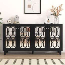 Schwarz Verspiegelte Sideboard mit Glasgriffen, Vier Türen, Kommode mit Beweglichem Laminat für Wohn- und Esszimmer