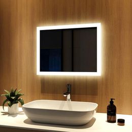 Badspiegel mit LED-Beleuchtung 45x60cm Badezimmerspiegel mit Taste und Beschlagfrei, Kaltweiß/Warmweiß Licht 6500K/3000K - Meykoers