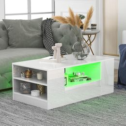 Merax - Couchtisch hochglanz Sofatisch mit LED-Beleuchtung, Wohnzimmertisch mit 4 Ablage und 3 Schubladen, Beistelltisch mit Fernbedienung,Weiß