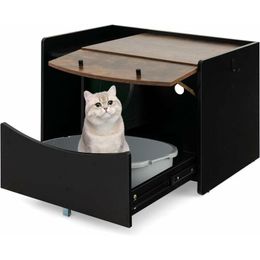 Katzenschrank mit ausziehbarer Schublade, Versteck für die Katzentoilette mit Klapptür & Rolle, Katzenhaus/Beistellschrank aus Holz für kleine bis