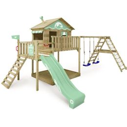 Spielturm Klettergerüst Smart Ocean mit Schaukel & Rutsche, Stelzenhaus mit Sandkasten, Kletterleiter & Spiel-Zubehör - pastellgrün - Wickey