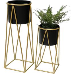 DanDiBo - Blumenhocker mit Topf Metall Gold Schwarz 2er Set Blumenständer 96046 Blumensäule Modern Pflanzenständer Pflanzenhocker