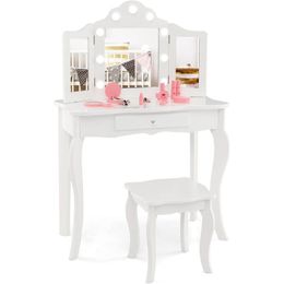 Costway 2 in 1 Kinder Schminktisch, Frisiertisch mit LED-Leuchten, klappbarem Spiegel & Schubladen, Kosmetiktisch Prinzessin für Kinder Mädchen(Weiß)