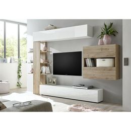 Dmora - Wohnzimmerwand, Made in Italy, TV-Schrank, Modernes Wohnzimmer-Set, 295 x 30 h 197 cm, glänzendes Weiß und Eichenfarbe