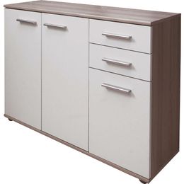 Modernes Design hohes Sideboard mit 3 Türen und 3 Schubladen, Küchenbuffet, Sideboard mit Regalen und Regalen, 103x35h70 cm, Farbe Weiß und Eiche
