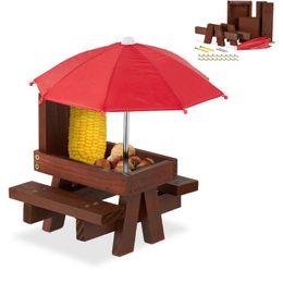 Eichhörnchen Tisch, Bausatz, Holz, Eichhörnchenbank mit Schirm & Maiskolbenhalter, zum Aufhängen, braun/rot - Relaxdays