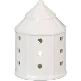 Teelichthaus Keramik, Leuchthäuschen für 1 Teelicht, HxD: 10,5 x 7,5 cm, Teelichthalter Haus, Kerzenhaus, weiß - Relaxdays