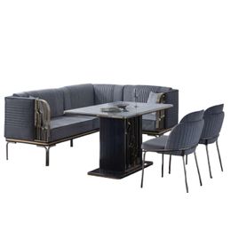 JVmoebel Essgruppe Exklusives Graues Esszimmer Set Luxus Edelstahl Tisch 2x Textil Stühle
