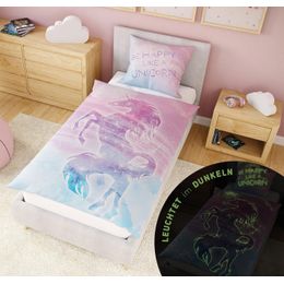 Kinderbettwäsche + 10 SPIELE Leuchtende Bettwäsche 135x200 Unicorn Bettzeug Mädchen