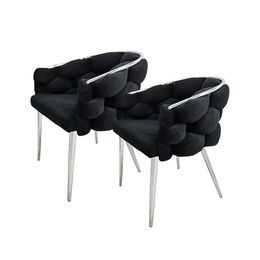 Qiyano Esszimmerstuhl Design-Stuhl 2er Set Schwarz/Silber- Geflochten & Gepolstert