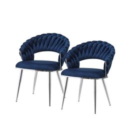 Qiyano Esszimmerstuhl 2er-Set Designstühle mit Flechtrücken Blau/Silber Stil