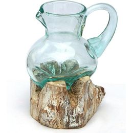 Wogeka Wasserkrug Glas-Krug auf weißem Wurzelholz Kanne Teakholz Gamal Bali Vase