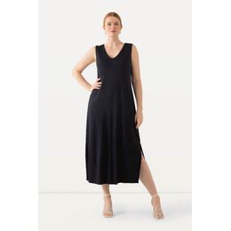 Ulla Popken Jerseykleid Slinky-Midikleid A-Linie V-Ausschnitt ärmellos