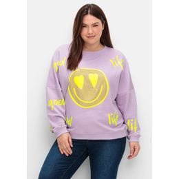 sheego loves miss goodlife Große Größen: Sweatshirt mit Smiley-Frontdruck und Glitzersteinen, flieder bedruckt, Gr.44