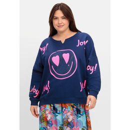 sheego loves miss goodlife Große Größen: Sweatshirt mit Smiley-Frontdruck und Glitzersteinen, royalblau bedruckt, Gr.52