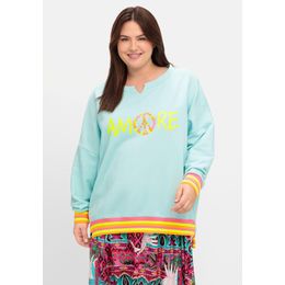 sheego loves miss goodlife Große Größen: Sweatshirt mit Statementprint und Ringelbündchen, hellblau bedruckt, Gr.40