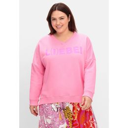 sheego loves miss goodlife Große Größen: Sweatshirt mit Wordingprint und V-Ausschnitt, rosa bedruckt, Gr.54