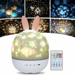 LONGZIMING - Kinder-Nachtlicht-Projektor, Sternlampe, 360° drehbares Musik-Nachtlicht + Timer + Fernbedienung + 6 Farben, wiederaufladbares