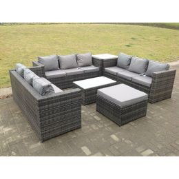 Fimous - Rattan Garten Möbel Lounge Sofa Set im Freien mit länglichem Couchtisch und seitlichem hohen Tisch mit großem Fußhocker