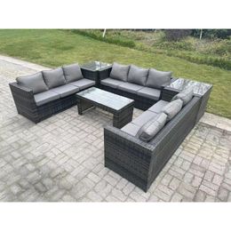 Fimous - Rattan Garten Möbel Lounge Sofa Set im Freien mit länglichem rechteckigem Couchtisch und 2 Beistelltisch
