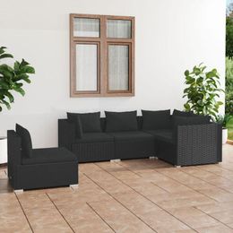 5-tlg. Garten-Lounge-Set，Gartenmöbel-Set mit Kissen Poly Rattan Schwarz vidaXL