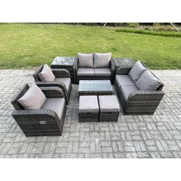 Fimous 8-Sitzer Rattan Gartenmöbel Set Patio Outdoor Lounge Sofa Set mit rechteckigem Couchtisch 2 Kleine Fußhocker Liebe Sofa 2 Beistelltische