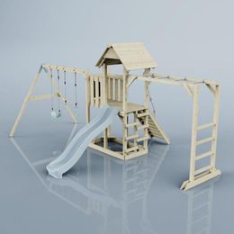 Rebo Klettergerüst aus Holz mit Wellenrutsche Outdoor Spielturm mit Kinderschaukel, Trapezstange, Hangelstangen, Plattform und Kletterseil