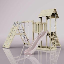 ReboOutdoor Spielturm mit Wellenrutsche Klettergerüst mit Kletterturm, Kletterwand und Klettwernetz, Ausführung: Kinderschaukel, Farbe: Altrosa - Rosa