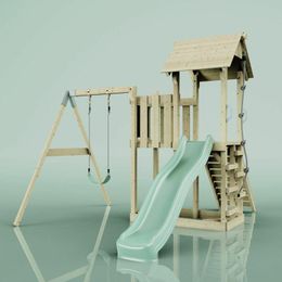 Rebo Spielturm mit Wellenrutsche und Kinder-Schaukel Outdoor Klettergerüst Garten mit Plattform Kletterseil und Kletterleiter, Ausführung: