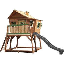 AXI Spielhaus Max mit Sandkasten & grauer Rutsche Stelzenhaus in Braun & Grün aus fsc Holz für Kinder Spielturm mit Wellenrutsche für den Garten - Braun