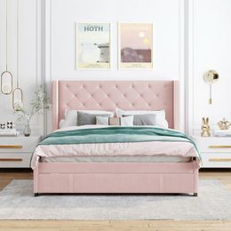 Gepolstertes Doppelbett, 140 x 200 cm, mit Stauraum und Kopfteil, rosa