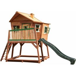 AXI - Spielhaus Max mit Sandkasten & grüner Rutsche Stelzenhaus in Braun & Grün aus fsc Holz für Kinder Spielturm mit Wellenrutsche für den Garten