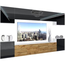 Wohnwand Vollausstattung Wohnzimmer-Set Moderne Schrankwand mit LED-Beleuchtung Anbauwand TV-Schrank Schwarz Top/Wotan Eiche untene Seiten Schwarz