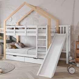 Kinder-Etagenbett mit Rutsche und Leiter, Rausfallschutz und 2 Schubladen, weiß + natur, 90x200cm