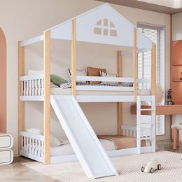 Kinder-Etagenbett mit Fenster, Leiter, Rutsche, Zaun, weiß + natur, 90x200 cm