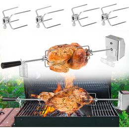 Grillspieß Set, mit 4 x Fleischklammer, 1 x Motor, elektrischer Edelstahl Drehspieß (Motor 220-240V), 107cm, für bbq Rotisserie, Drehspiess und