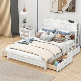 Doppelplattformbett mit Stauraum und vier Schubladen unter dem Bett, weiß, 140 x 200 cm