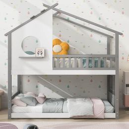 Kinder-Etagenbett mit Schrägleiter, Absturzsicherung und Barriere, grau, weiß (90x200 cm)