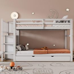 Etagenbett, drei Betten mit Treppe und vier Schubladen, weiß, 90x200 cm