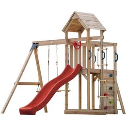 AXI Moos Spielturm aus Holz mit 2 Schaukeln & Strickleiter xxl Spielhaus / Spielplatz für Kinder mit Kletterwand, Sandkasten & Rutsche in Rot