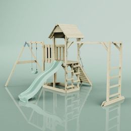 Rebo Spielturm mit Wellenrutsche aus Holz Outdoor Klettergerüst mit Kinderschaukel, Hangelstangen, Plattform und Kletterseil- Mintgrün - Grün