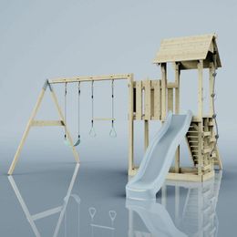 Rebo Spielturm mit Wellenrutsche und 2x Kinder-Schaukel Outdoor Klettergerüst Garten mit Plattform Kletterseil und Kletterleiter, Ausführung:
