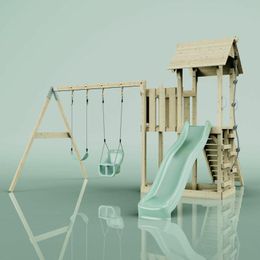 Rebo Spielturm mit Wellenrutsche und 2x Kinder-Schaukel Outdoor Klettergerüst Garten mit Plattform Kletterseil und Kletterleiter, Ausführung: