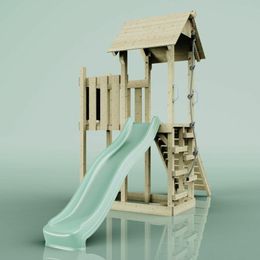 Rebo Spielturm aus Holz mit Wellenrutsche Outdoor Klettergerüst mit Plattform und Kleterseil- Mintgrün - Grün