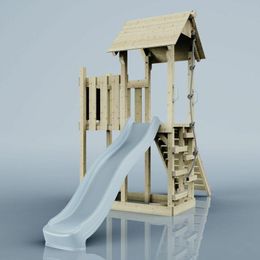 Rebo Spielturm aus Holz mit Wellenrutsche Outdoor Klettergerüst mit Plattform und Kleterseil- Eisblau - Blau