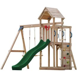 AXI Moos Spielturm aus Holz mit 2 Schaukeln & Strickleiter xxl Spielhaus / Spielplatz für Kinder mit Kletterwand, Sandkasten & Rutsche in Grün