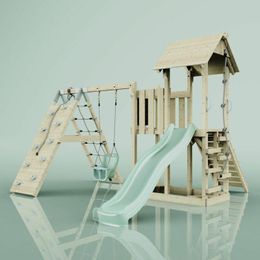 ReboOutdoor Spielturm mit Wellenrutsche Klettergerüst mit Kletterturm, Kletterwand und Klettwernetz, Ausführung: Babyschaukel, Farbe: Mintgrün - Grün